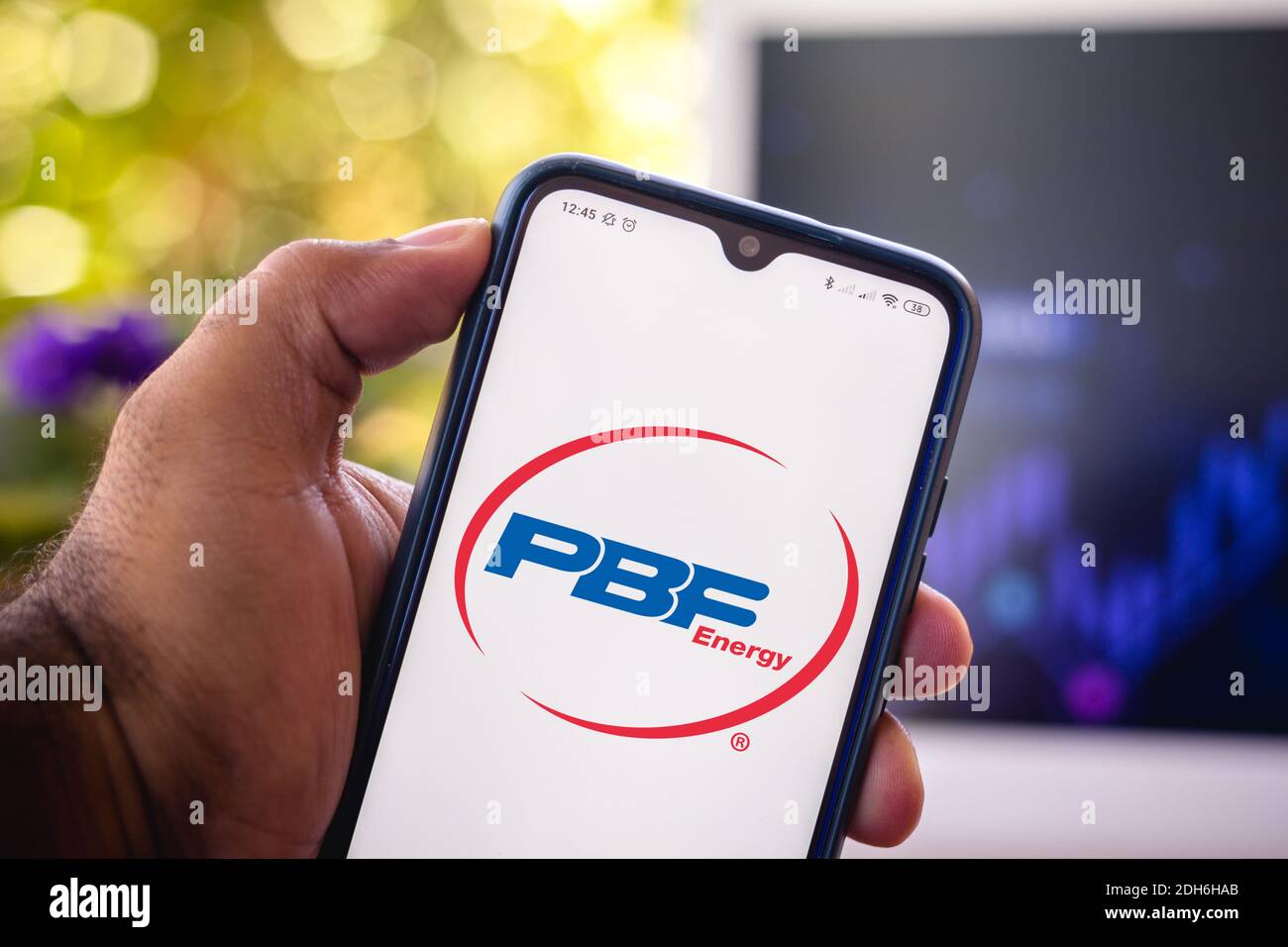 In this photo illustration the PBF Energy logo seen displayed on a ...