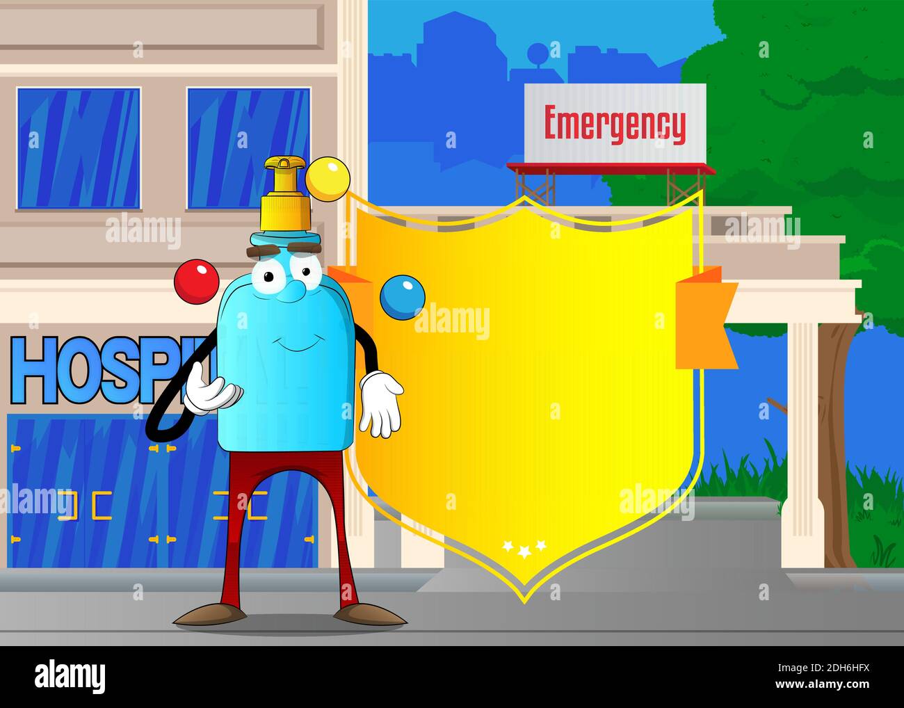 Cartoon bottle of hand sanitizer gel for hygiene with face is a juggler ...