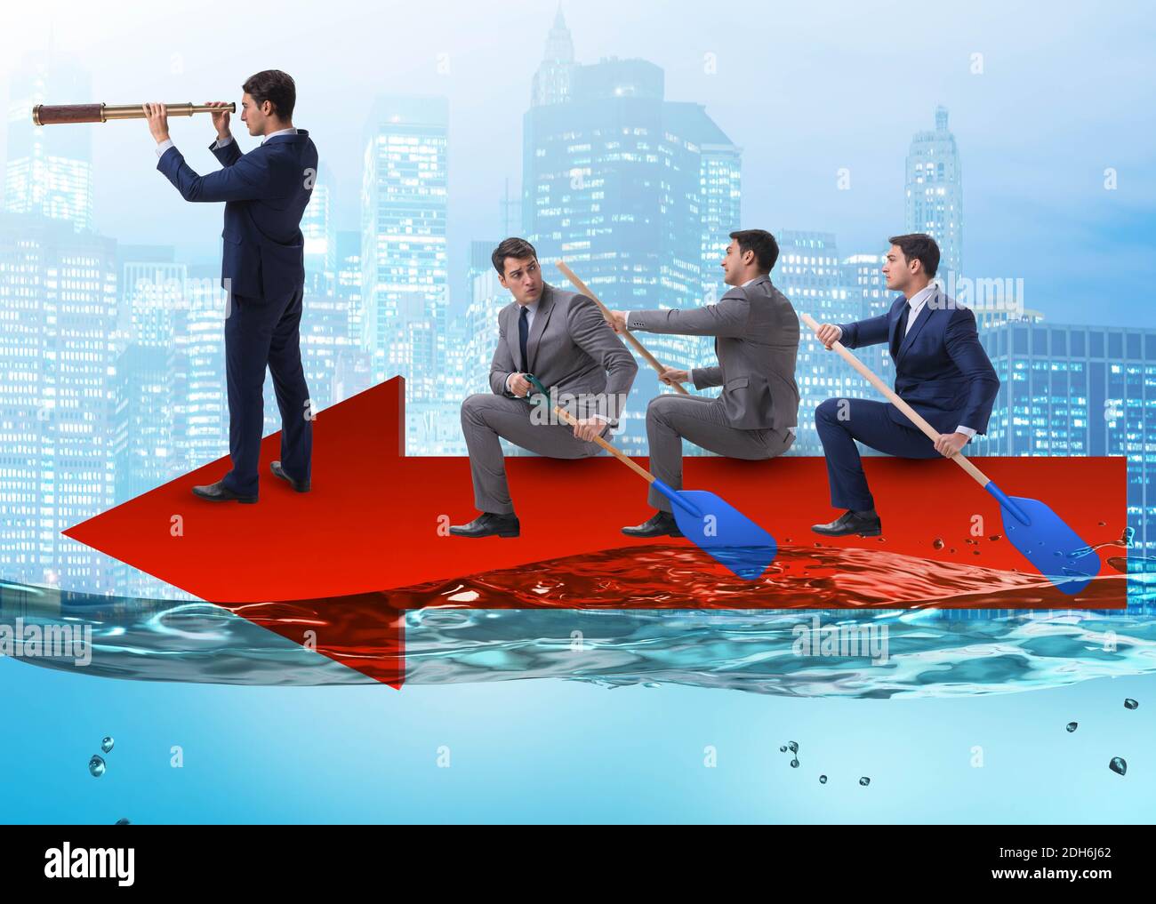 Teamwork concept with businessmen on boat Stock Photo - Alamy