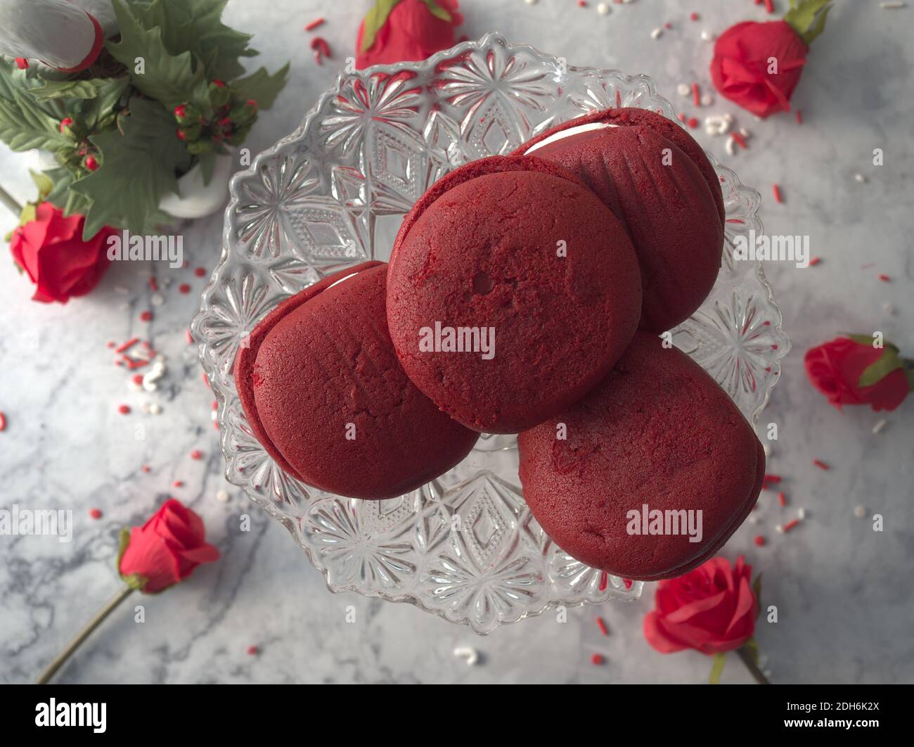 Food photography Flat lay of red velvet Moon Pies in crystal dish ...