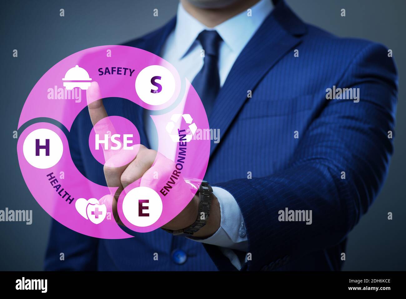 HSE concept with businessman pressing virtual button Stock Photo - Alamy