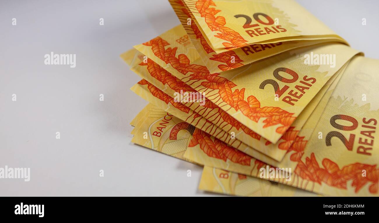 A closeup of 20 Reais banknotes on white surf Stock Photo - Alamy