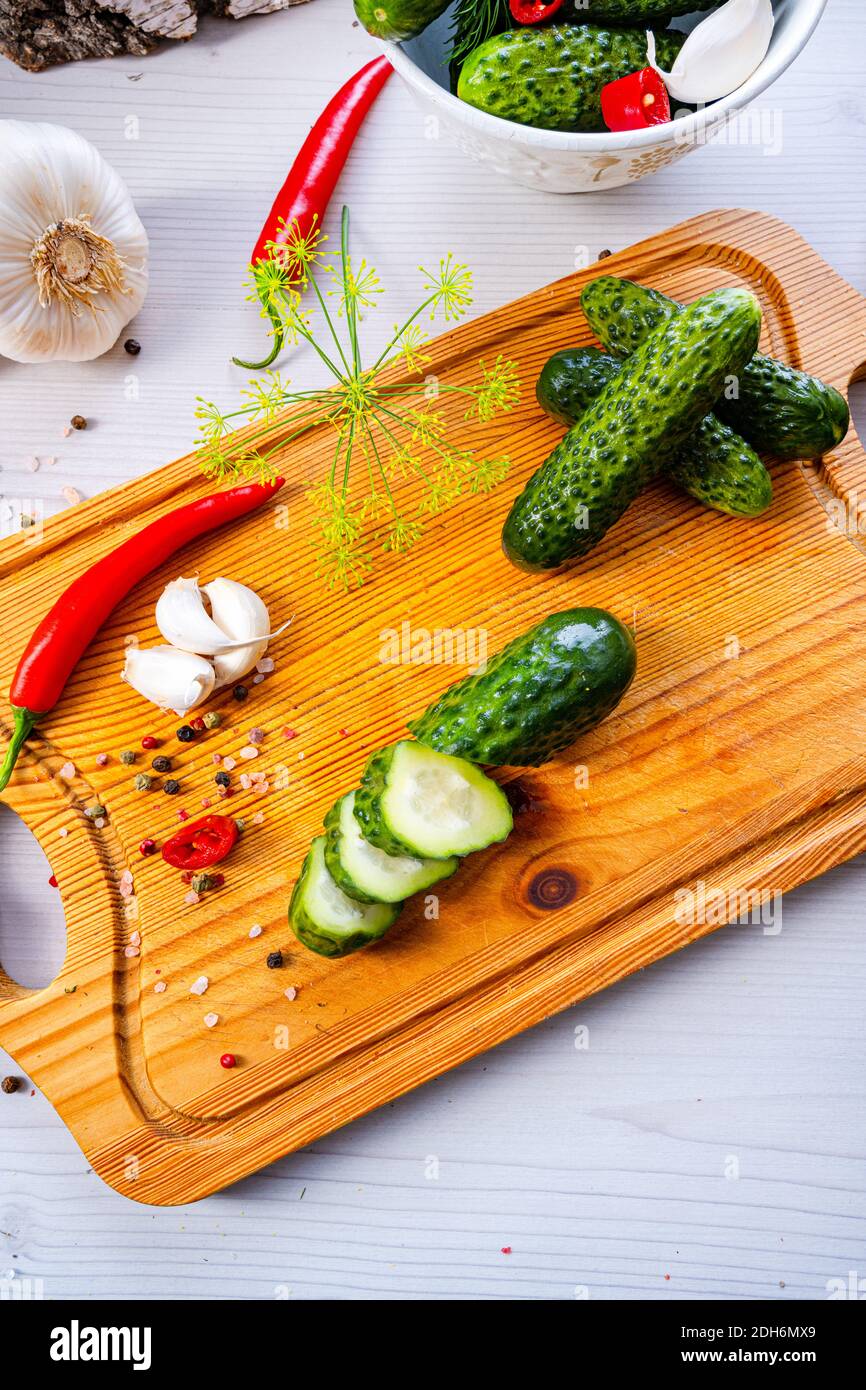 Fresh pickled cucumber with garlic, (polish malosolne Stock Photo - Alamy