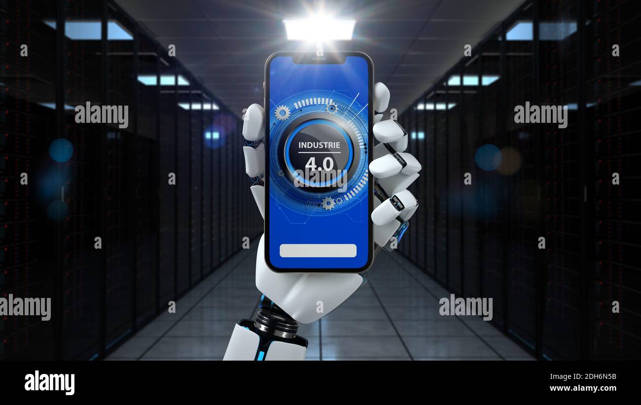 Industrie 4.0 - Humanoid Robot Hand Click Smartphone Stock Photo - Alamy