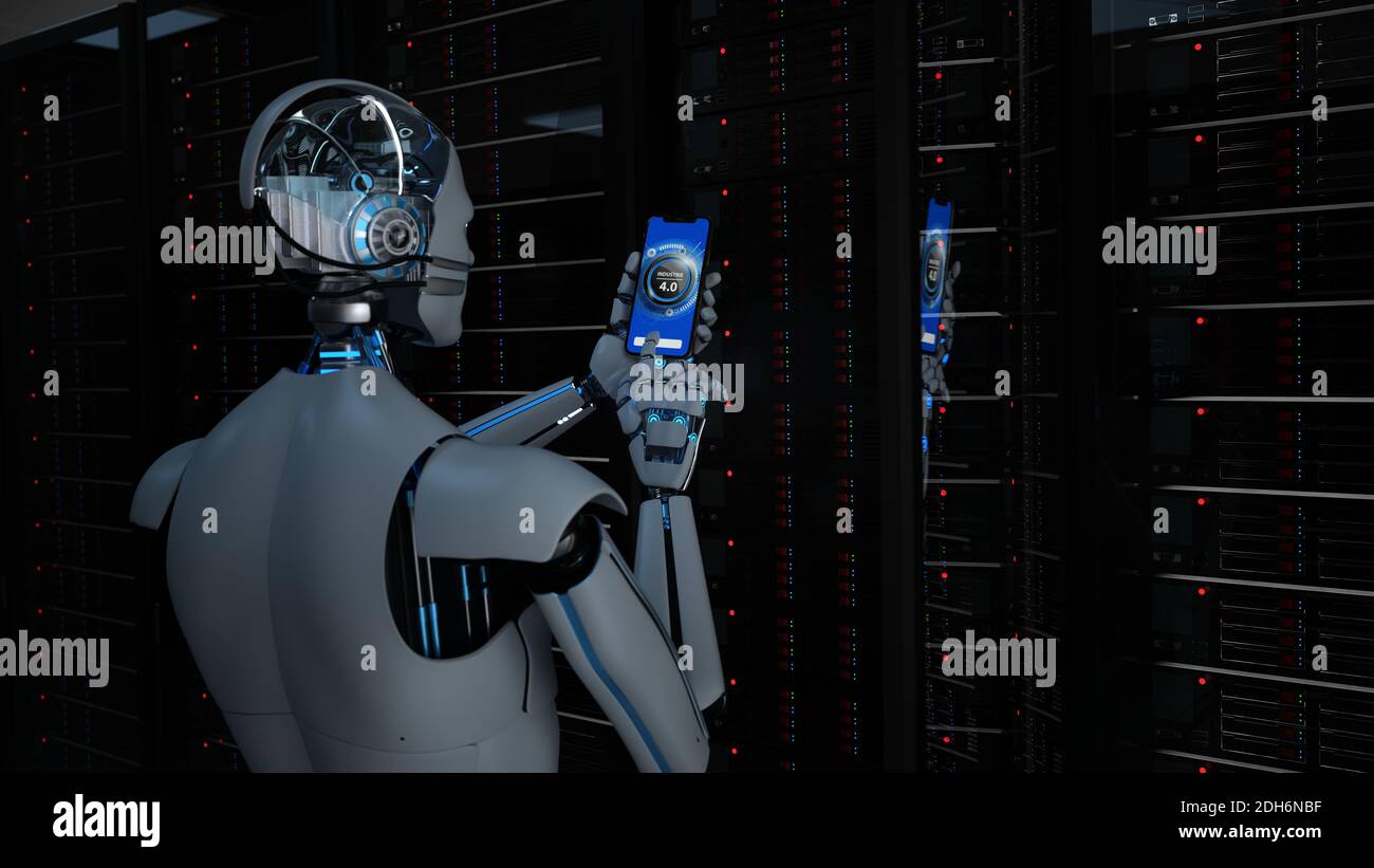 Industrie 4.0 - Humanoid Robot Hand Click Smartphone Stock Photo - Alamy