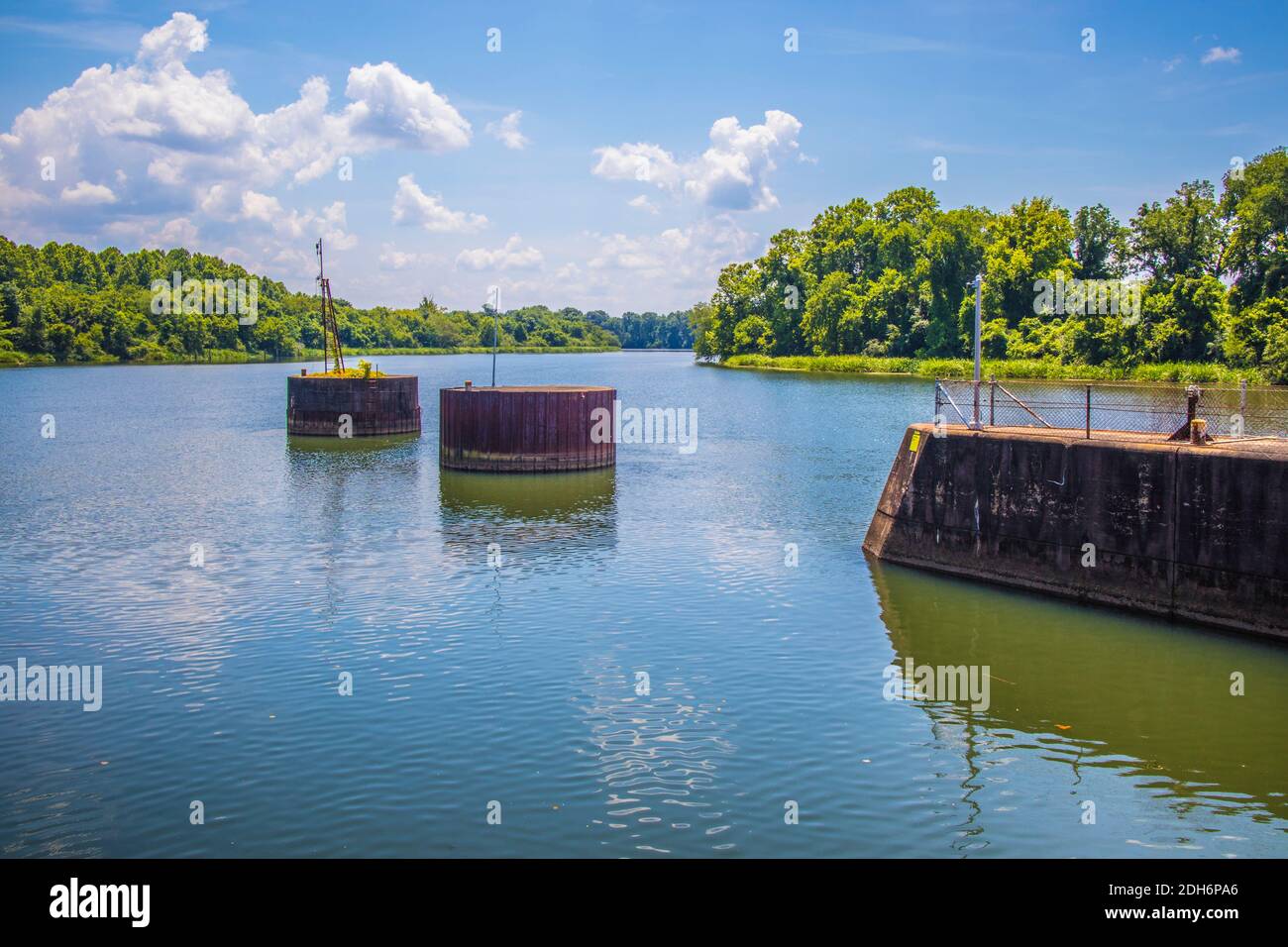 Augusta, Ga USA - 07 04 20: Lock and Dam river and blue sky with clouds ...