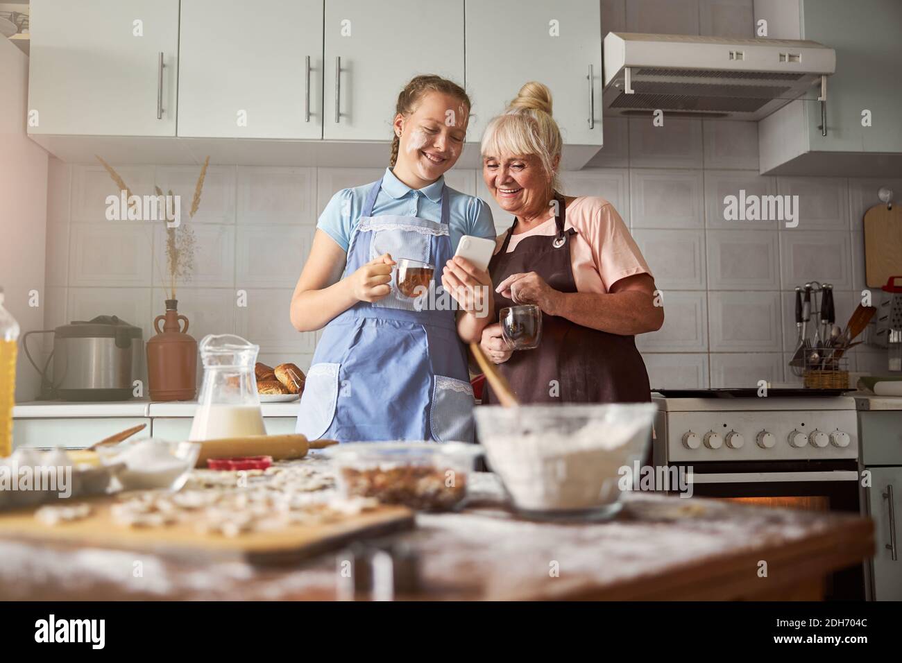 Cheerful teenage girl and her grandma enjoying tea time together Stock ...
