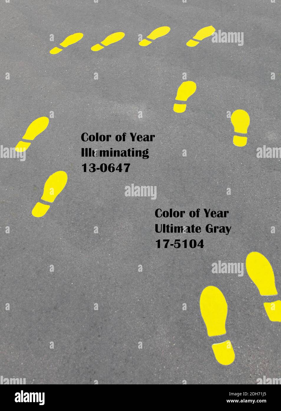 Yellow positive footprint or foot steps on gray asphalt. Color trend ...