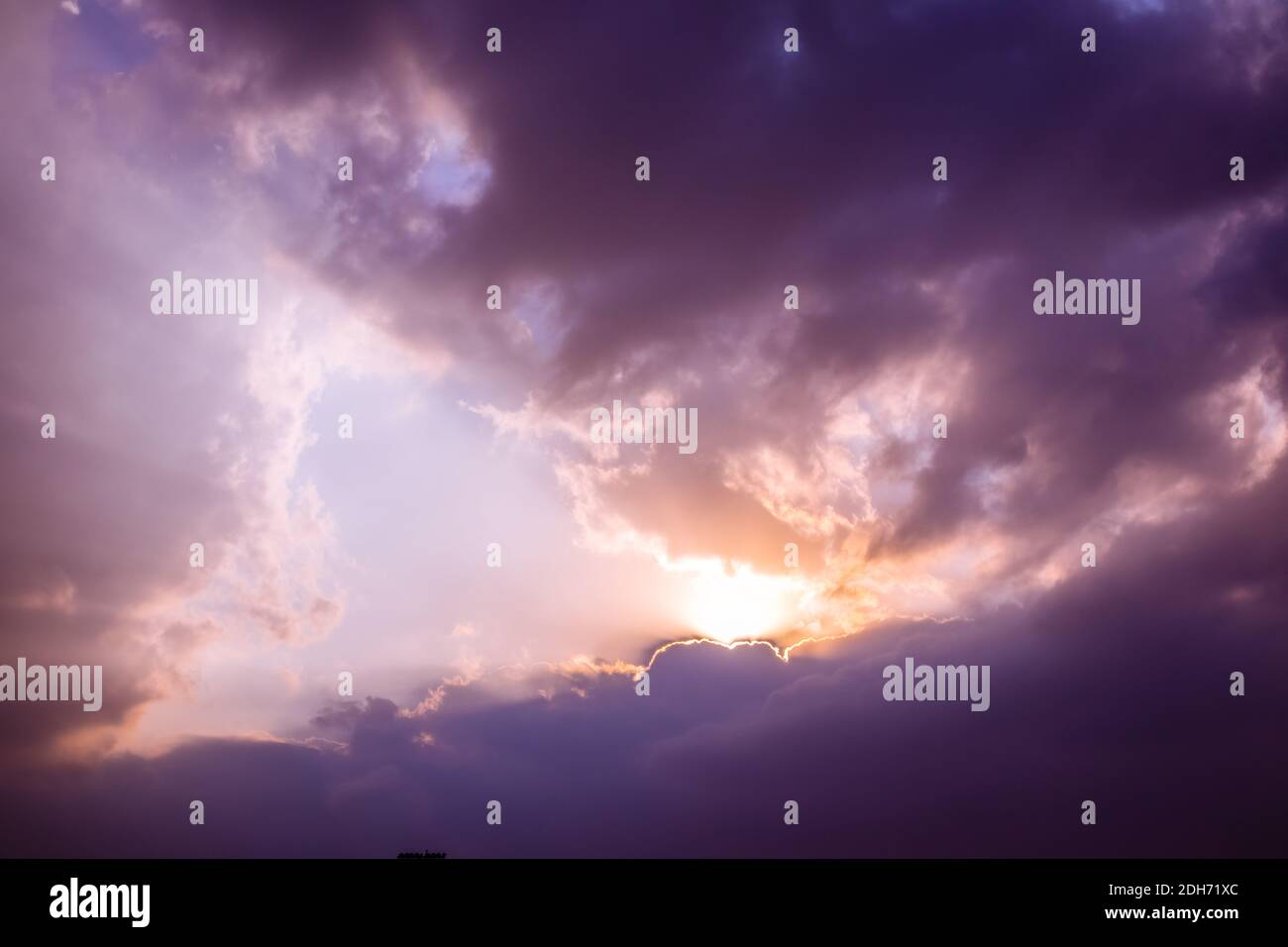 Dramatic threatening sky clouds sunrise after tropical rain thunder ...