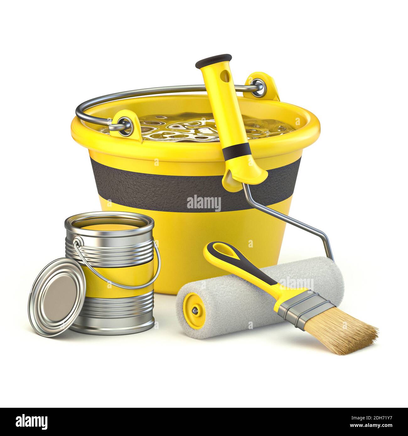 Yellow bucket, color can and brushes DIY Stock Photo - Alamy