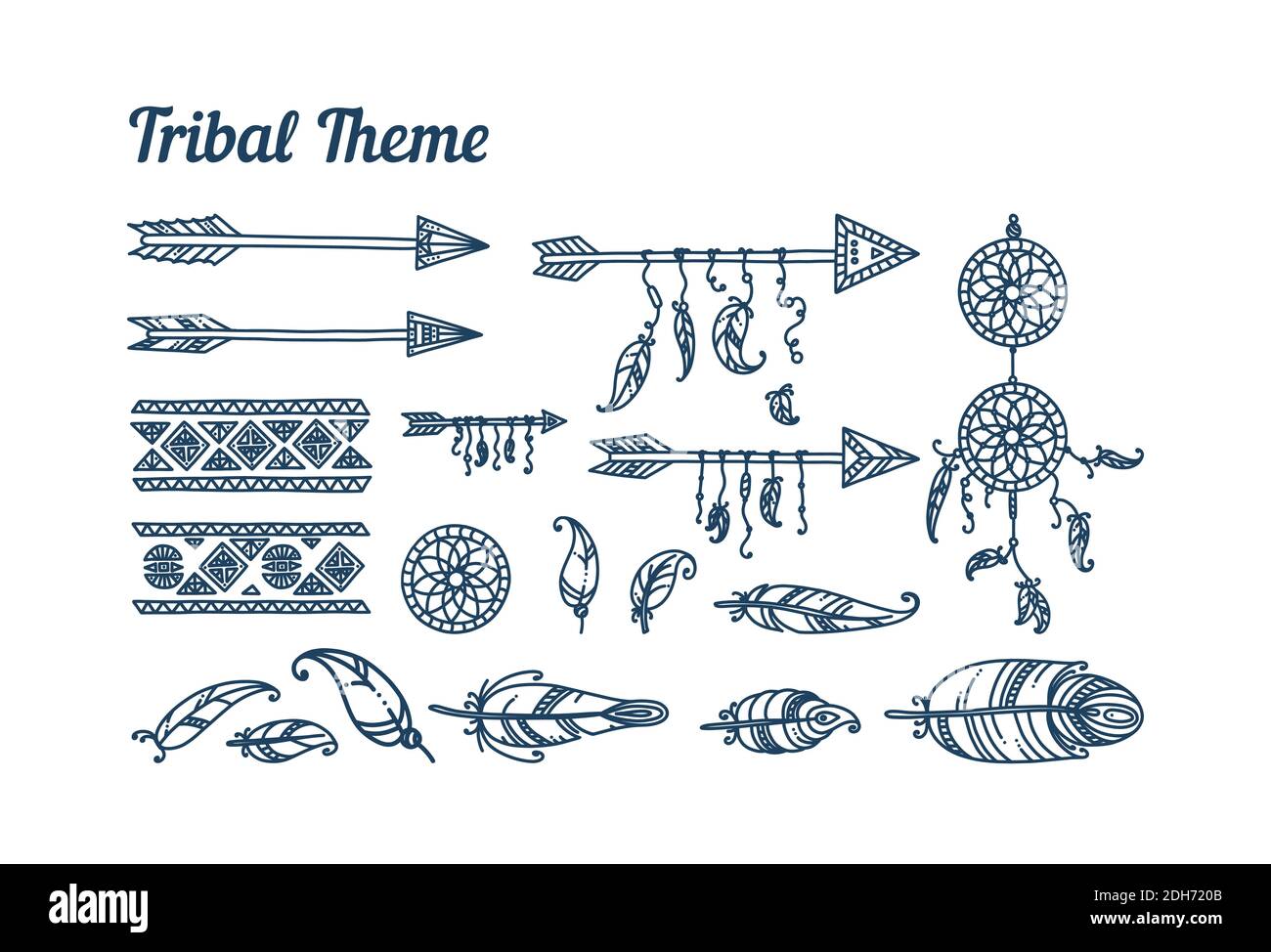 Tribal arrows and feathers isolated in white background. Set of ethnic ...