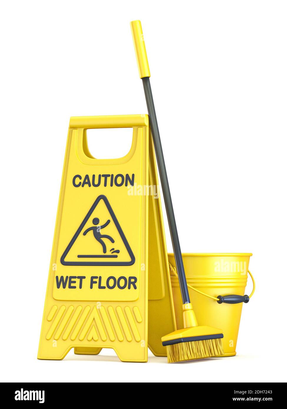 Yellow wet floor sign 3D Stock Photo - Alamy