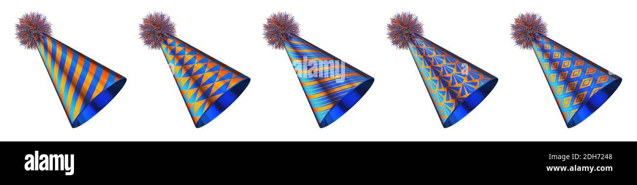 Five blue orange party hats 3D Stock Photo - Alamy