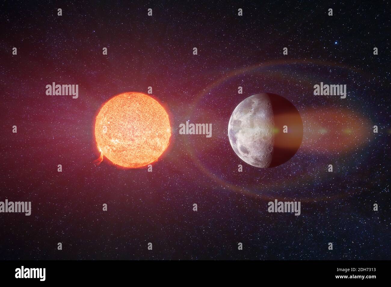 sun and moon in space against the background of the star sky. Astronomy ...