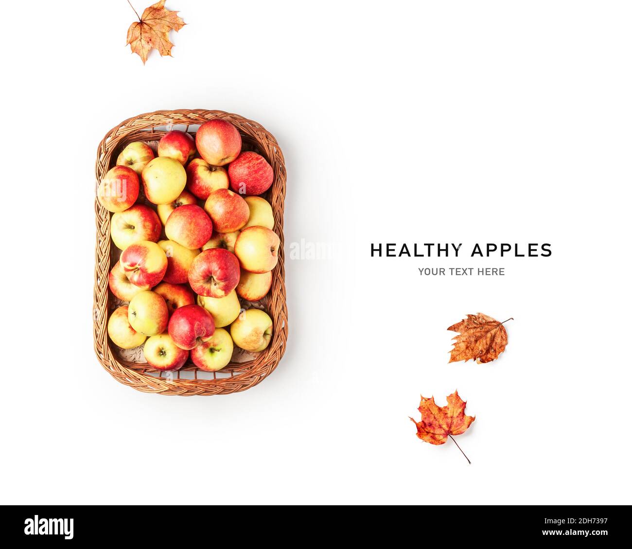 Fresh apples in basket creative layout isolated on white background ...