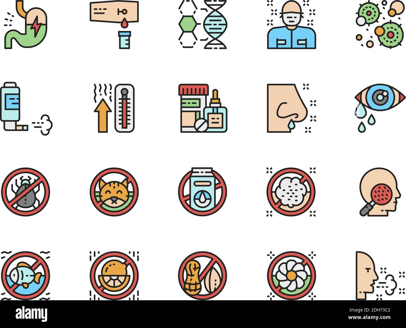 Set of Allergy Flat Color Line Icons. Patient, Thermometer, Microbes ...