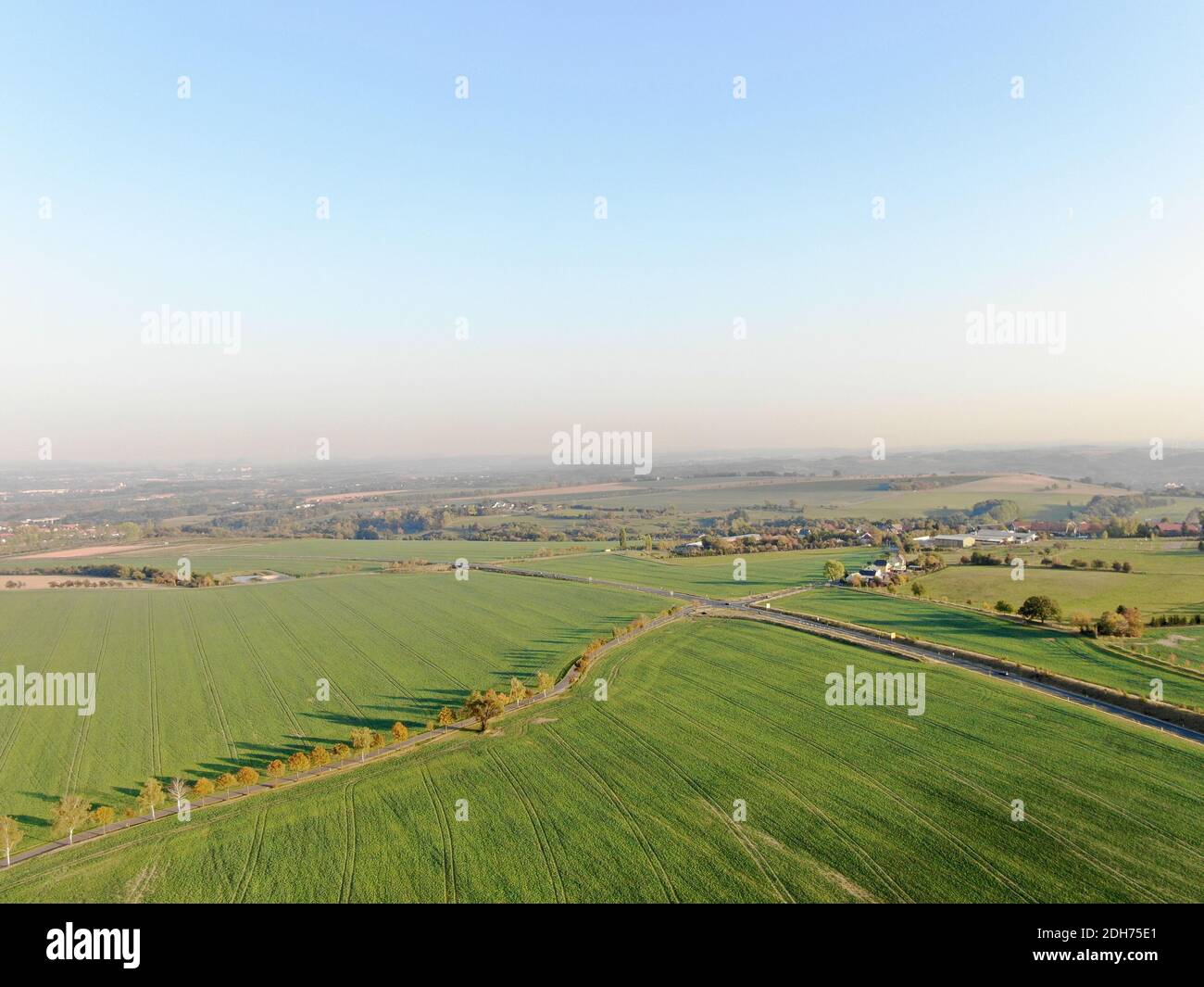 A top view of a large empty meadow with some trees and houses in the ...