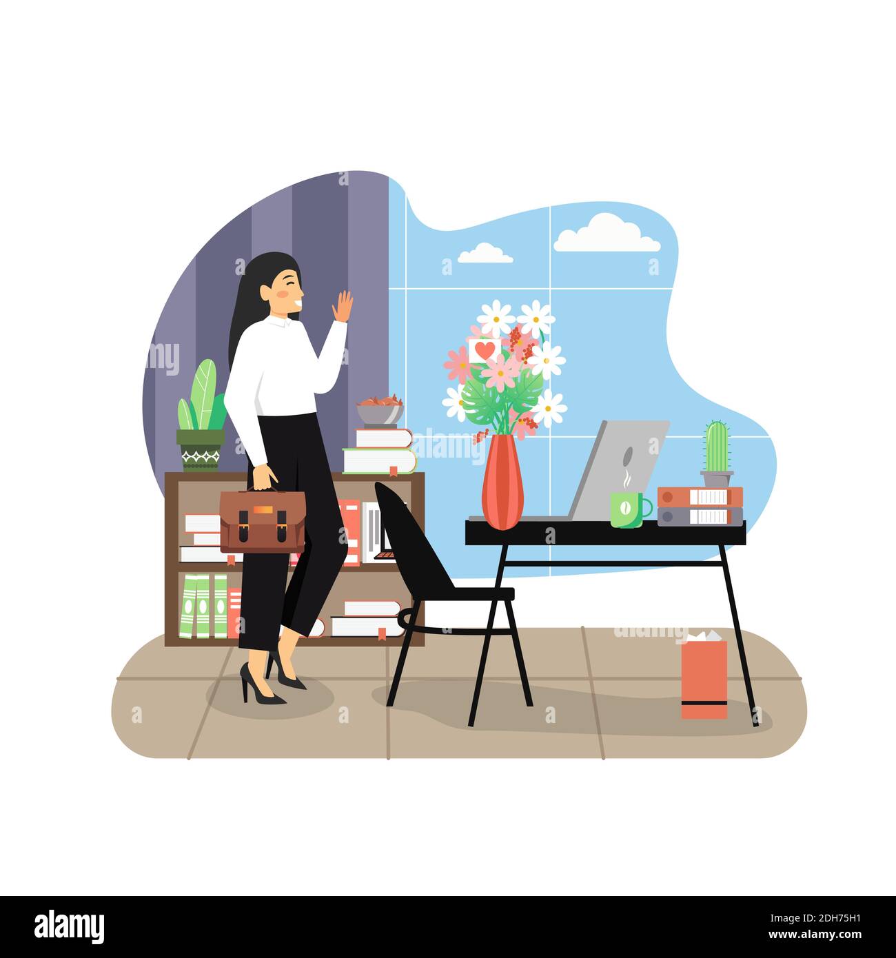 Happy business woman getting bouquet of flowers at work, flat vector ...