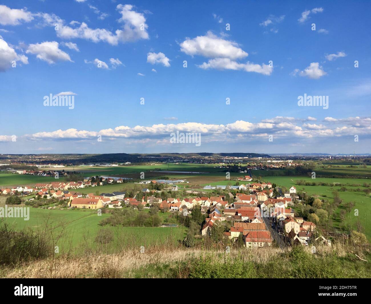 A beautiful scenery of rural houses from the top. Panoramic view of a ...