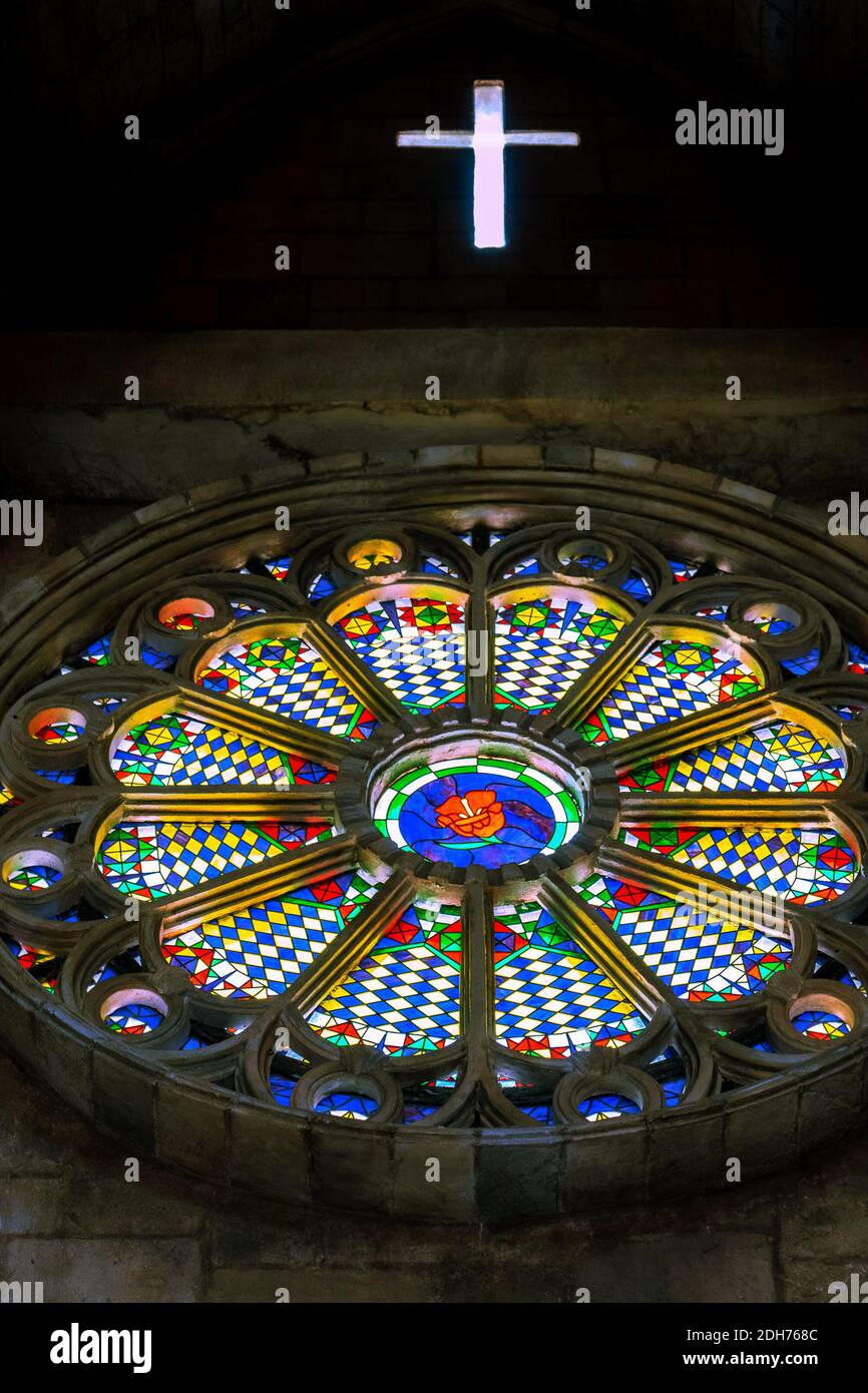 Rosette stained glass window in Catholic Church. Fragment of the ...