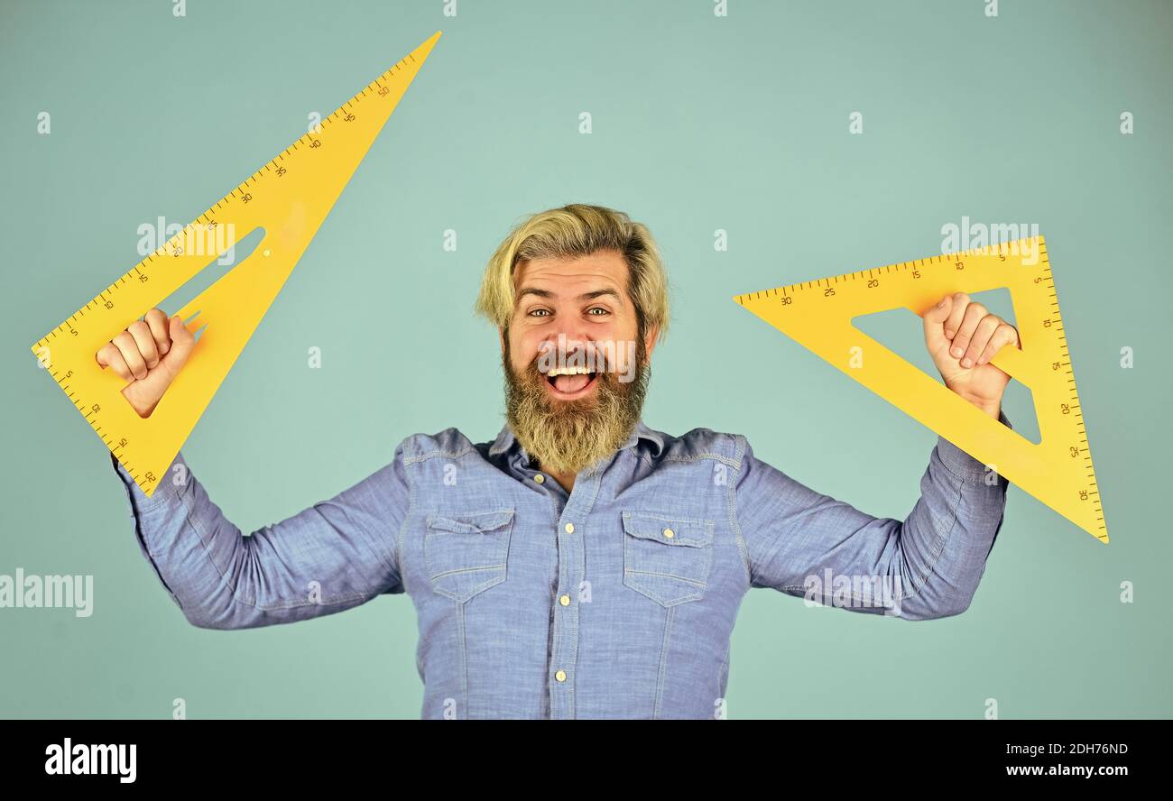 Bearded man teacher use ruler. Innovative approach. Studying math ...