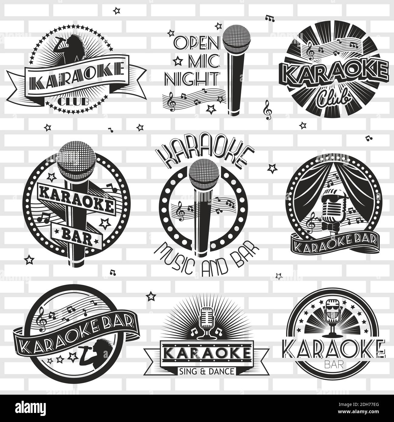 Karaoke label, emblem, badge, logo set, vector monochrome illustration ...