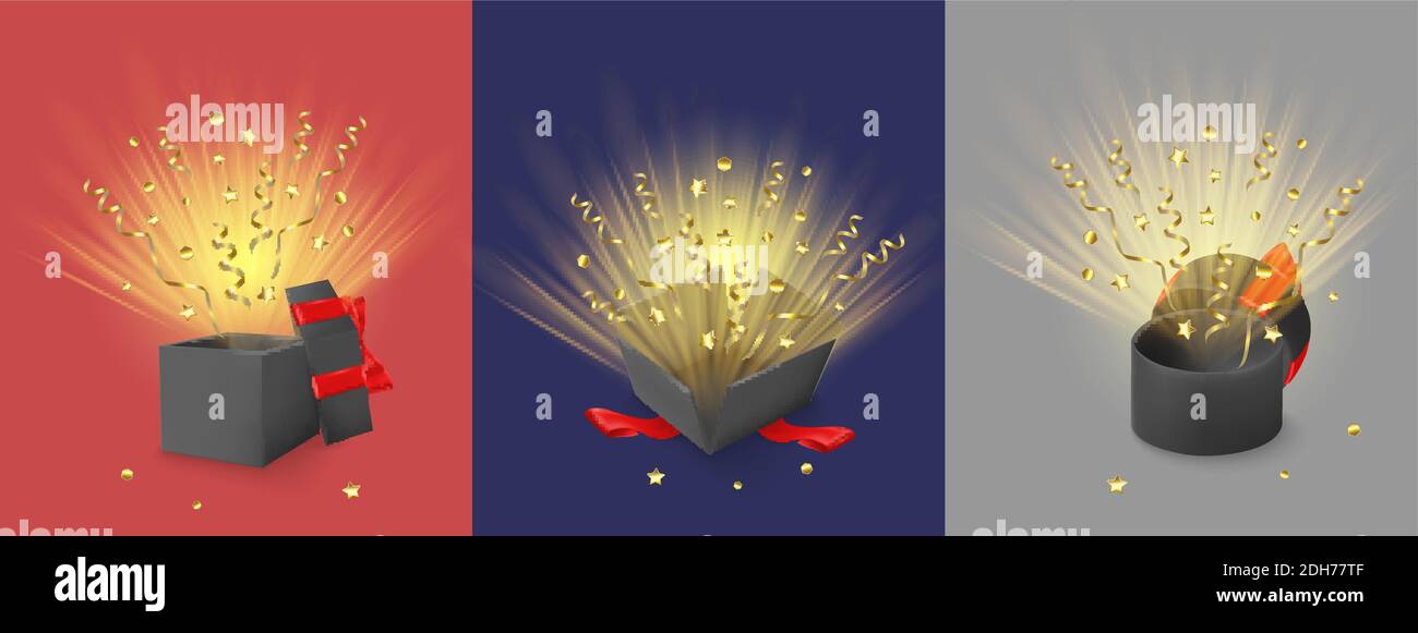 Open magic gift boxes with shine, confetti and serpentine, vector ...