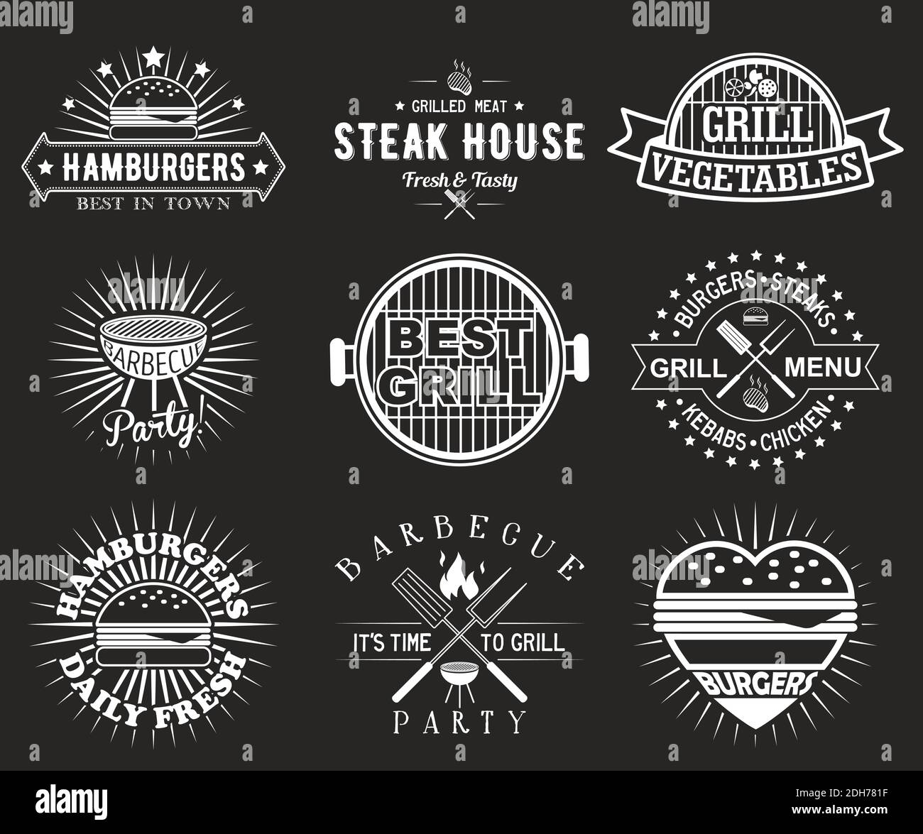 White bbq grill logo, label, badge, emblem set, vector illustration ...
