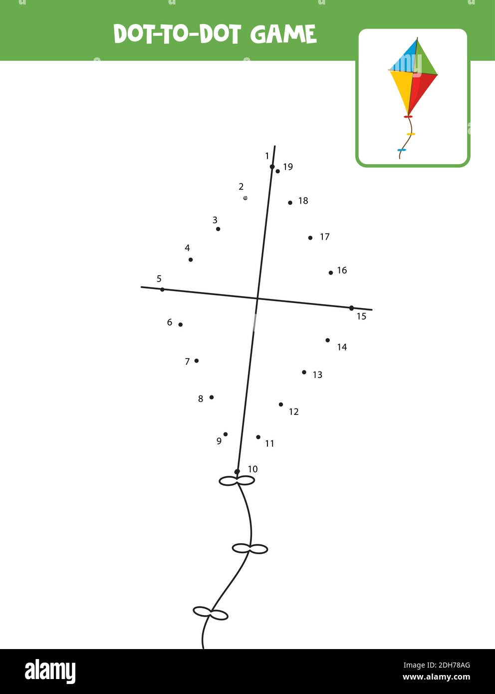 Dot to dot game with kite. Connect the dots. Math game. Dot and color ...