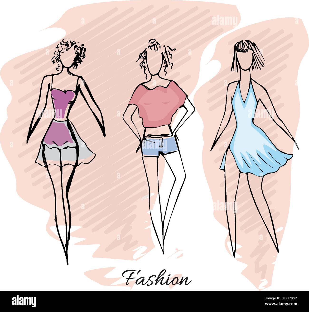 Three hand-drawn beautiful young women without a face in fashionable ...