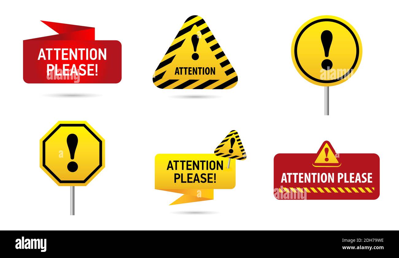 Set sign Attention please bright yellow and red ribbon text. Banner to ... Set sign Attention please bright yellow and red ribbon text. Banner to ...