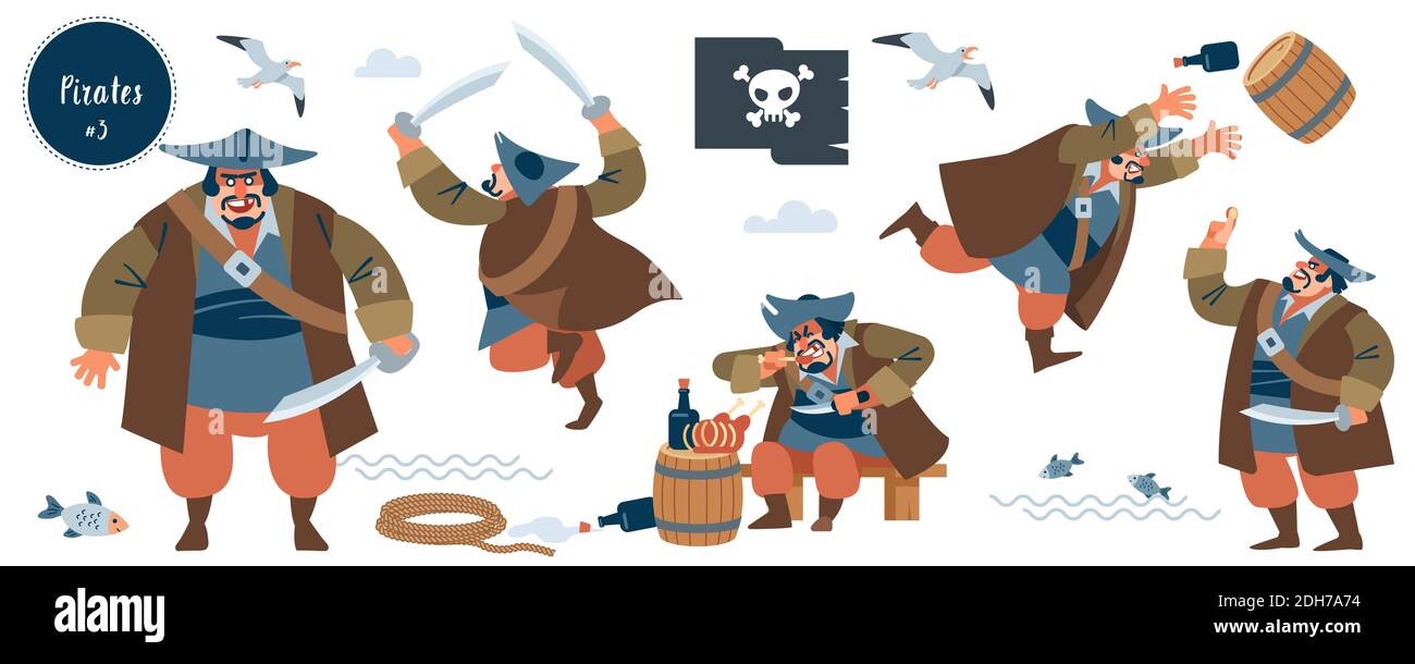 Pirate. Robber, bandit. Big pirate character in different situations ...