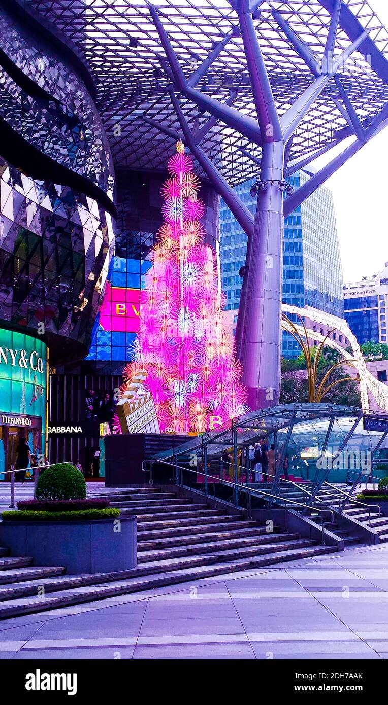 SINGAPORE, SINGAPORE - Dec 07, 2020: An electric Christmas tree in pink ...