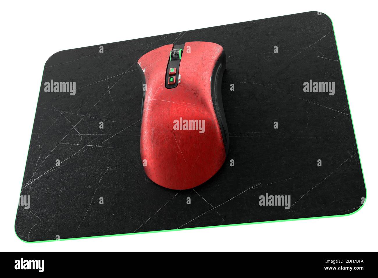 Used metal red gaming mouse with scratches on professional pad isolated ...