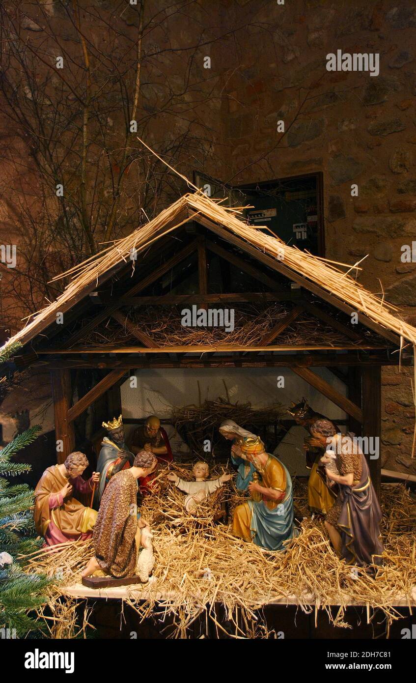 Crib at Christmas Market, Alsace in France Stock Photo - Alamy