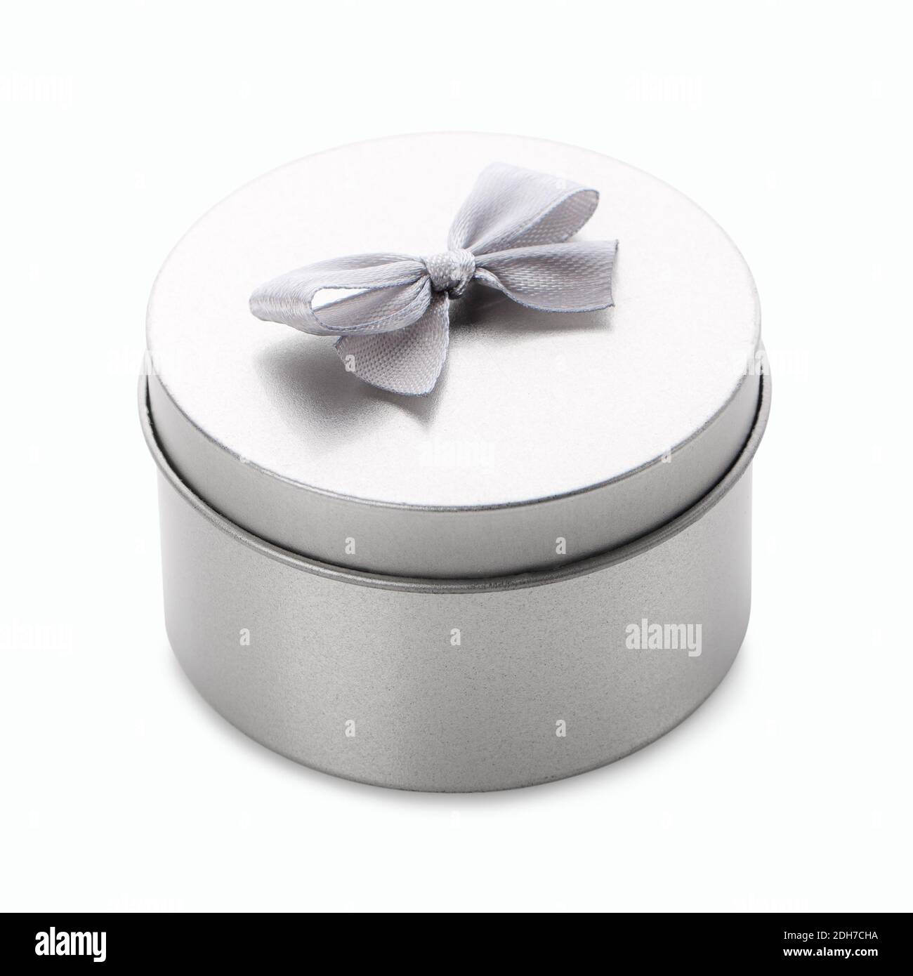 Gray round metal gift box with little gray bow on a white background ...