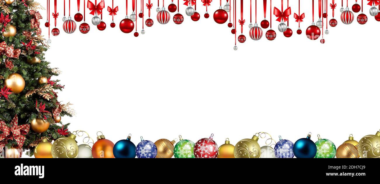 Christmas single border of ornaments, christmas tree, branches and ...