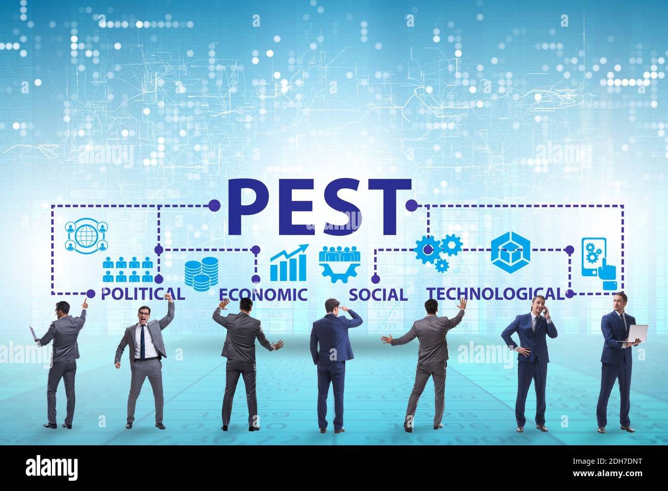 Business people in PEST analysis business concept Stock Photo - Alamy