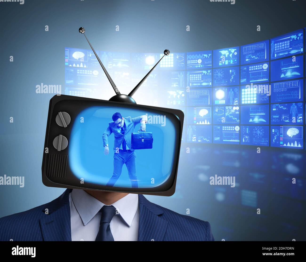Man with television head in tv addiction concept Stock Photo - Alamy