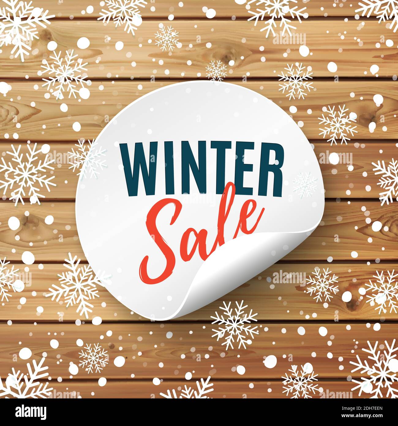 Winter sale round banner. Price tag on wooden background with snow and ...