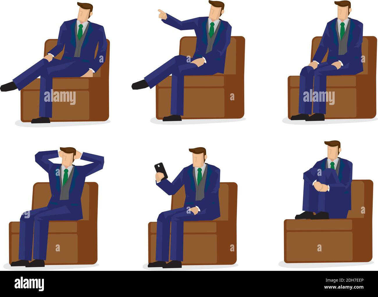 Set of business characters in six sitting positions in a single sofa ...