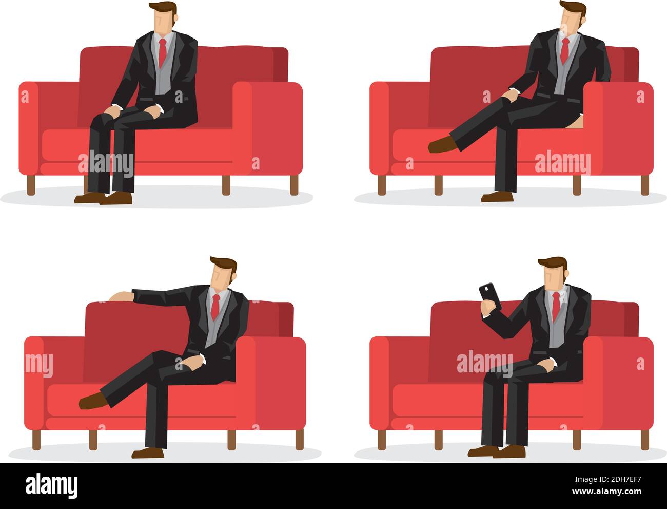 Set of business characters in four sitting positions on a sofa. Vector ...