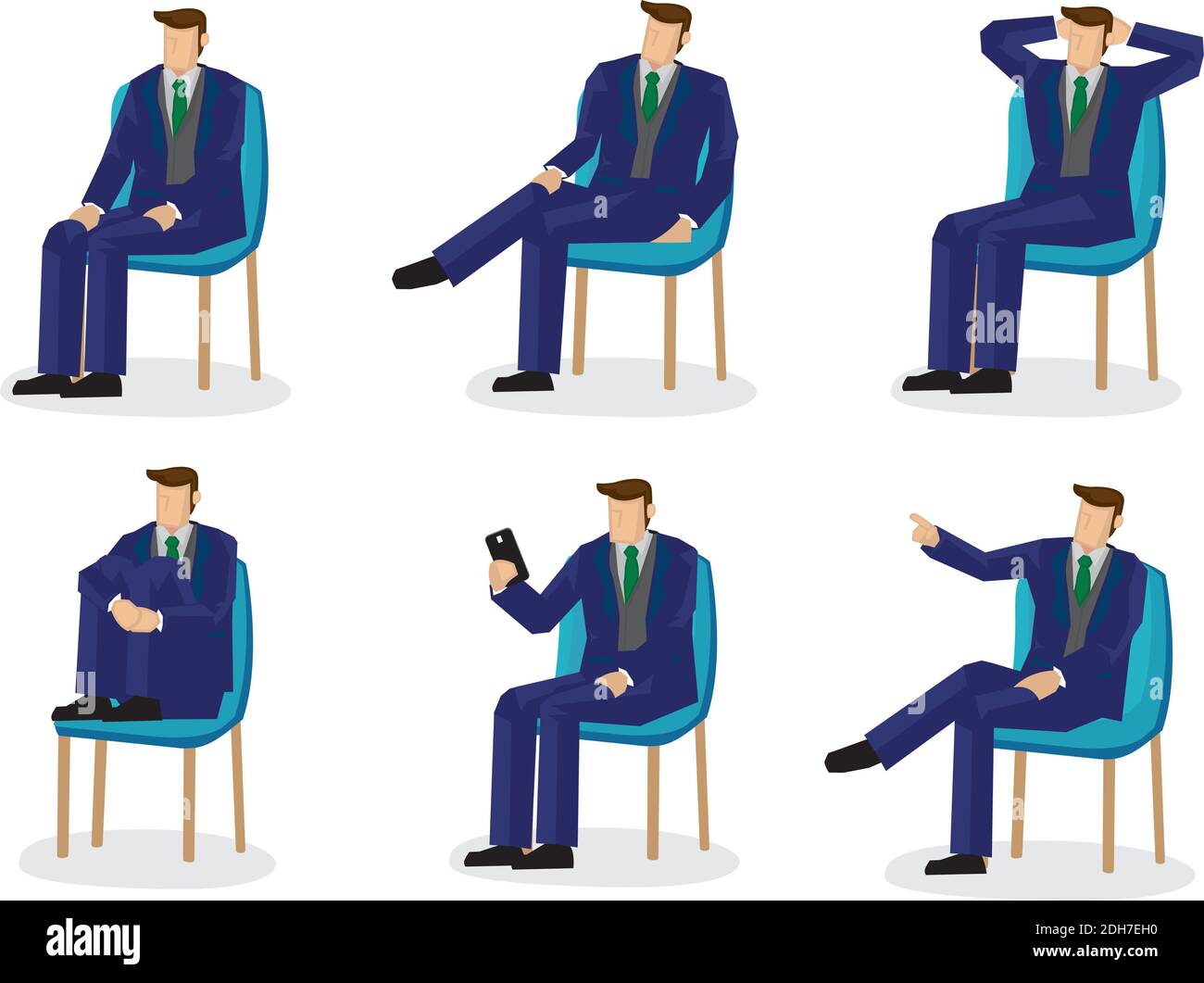 Set of business characters in six sitting positions. Vector ...