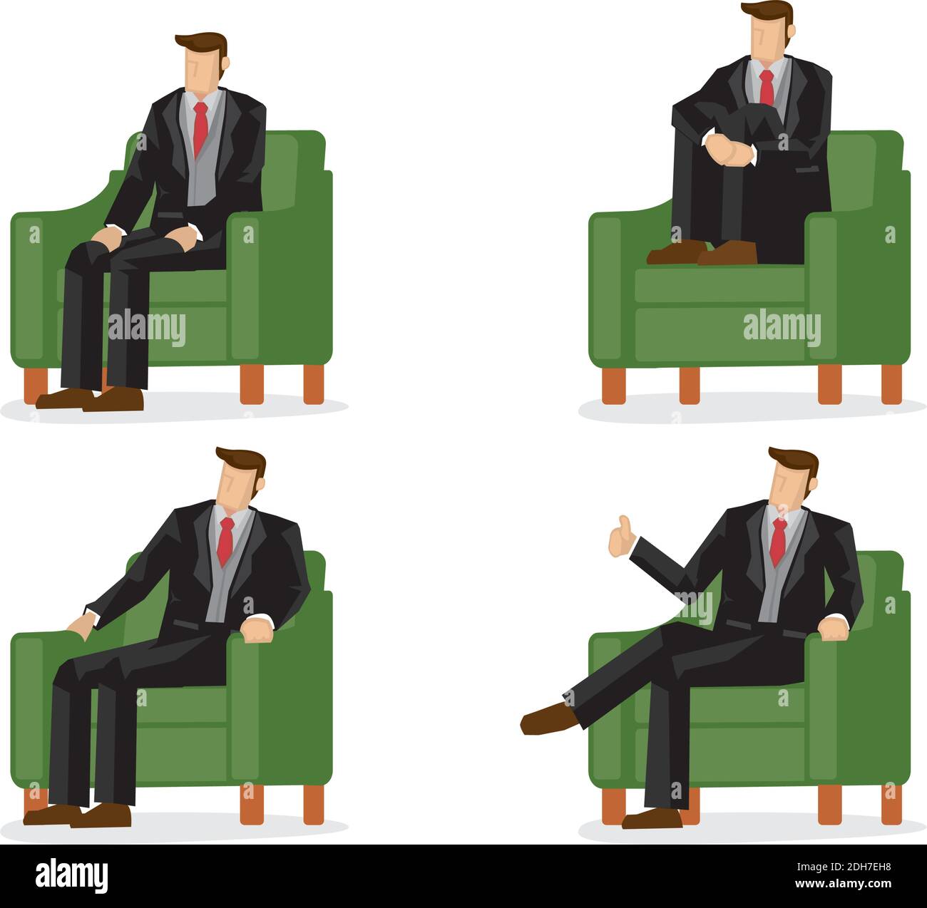 Set of business characters in four sitting positions in green armchair ...