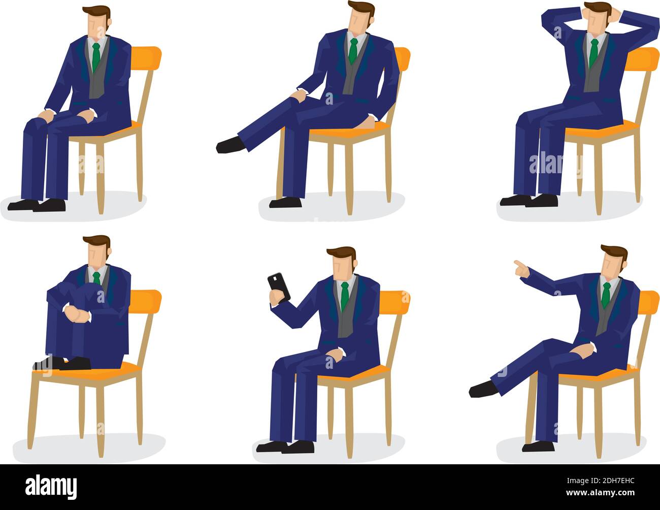 Set of business characters in six sitting positions. Vector ...