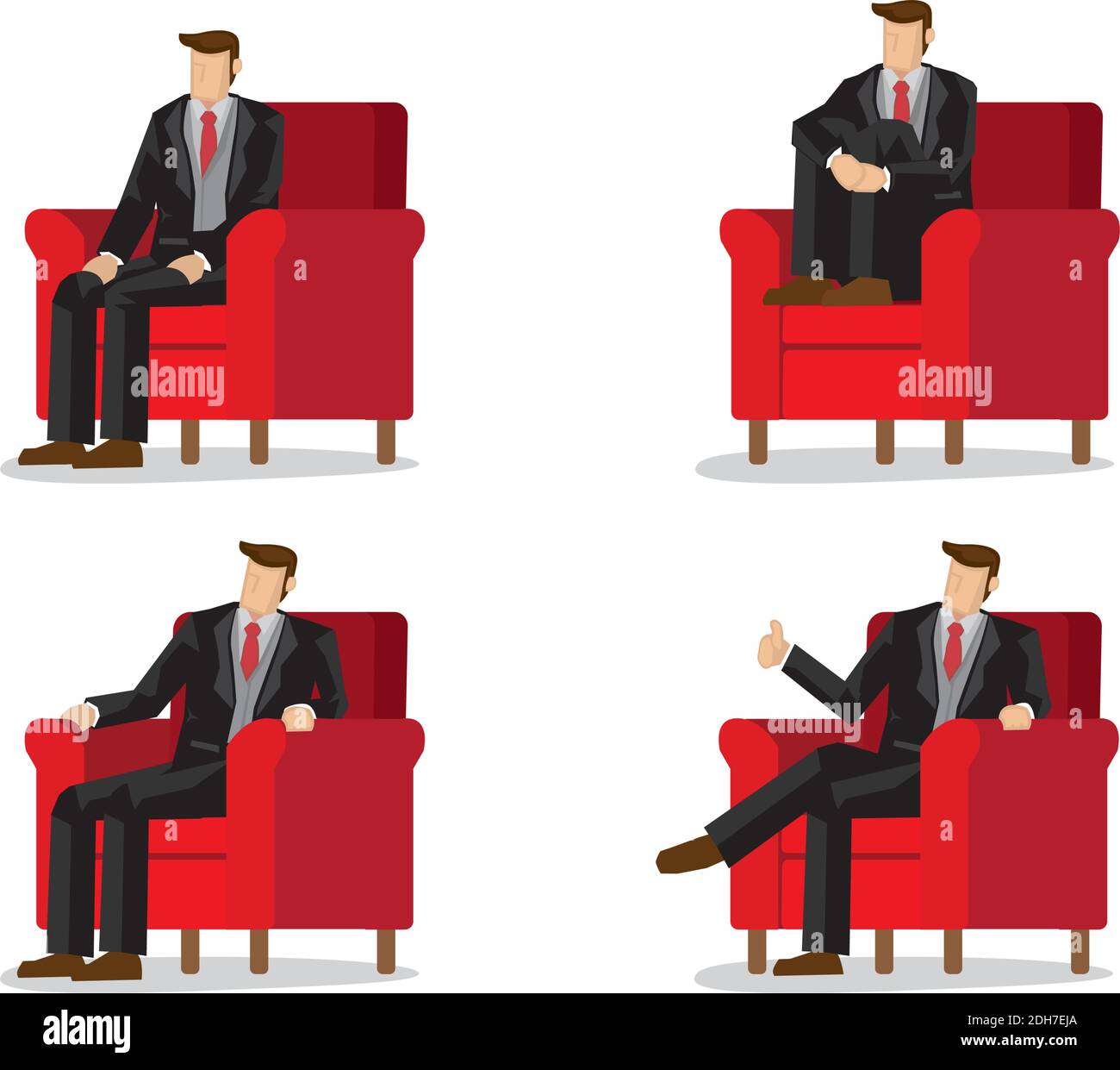 Set of business characters in four sitting positions in red armchair ...