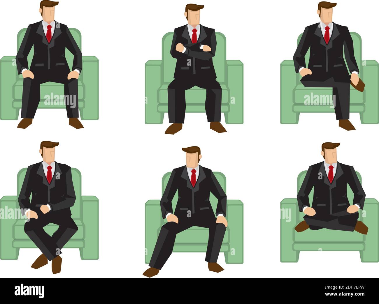 Set of business characters in six sitting positions. Vector ...