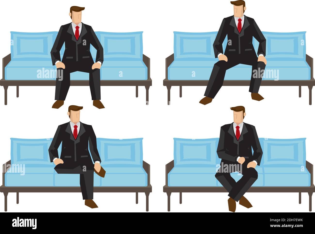Set of business men in four sitting positions in blue sofa. Vector ...