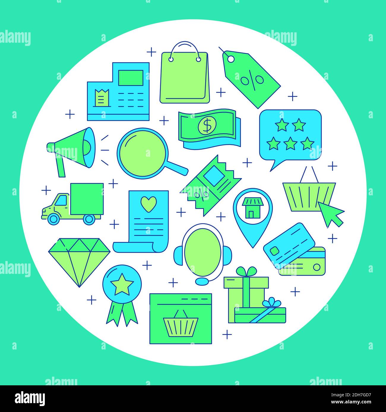 Mobile shopping round concept poster in colored line style. Online shop ...