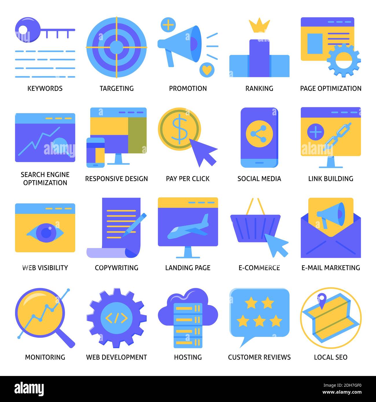 Website development and optimization icon set in flat style. SEO ...